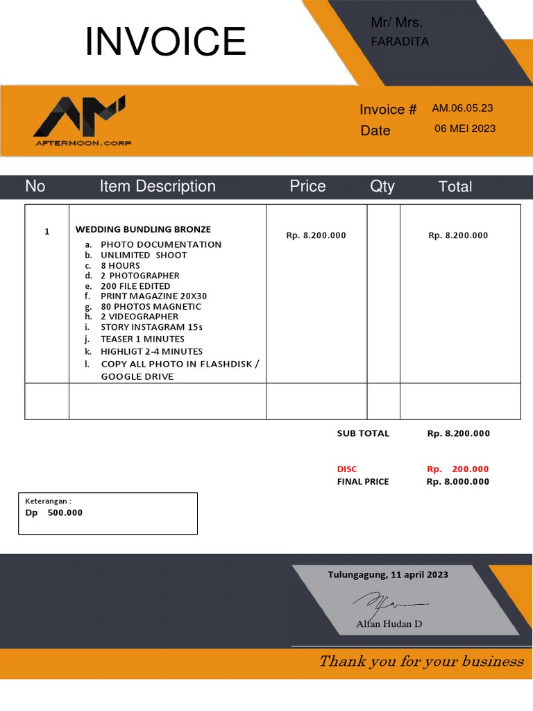 Contoh Invoice Bisnis Jasa Fotografi | PDF