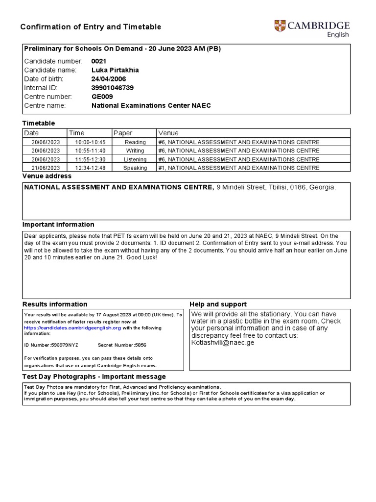 Confirmation of Entry and Timetable | PDF | Qualifications