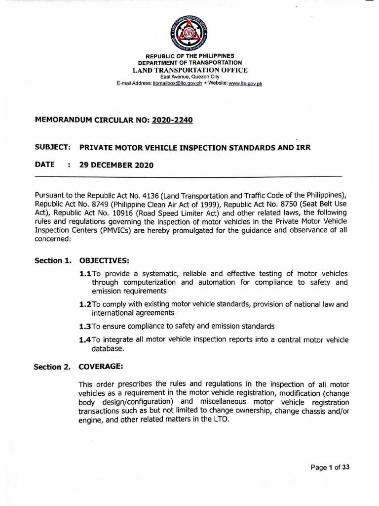 LTO Memo 2020-2240 PMVIS Standards and IRR (12-29-20) | PDF