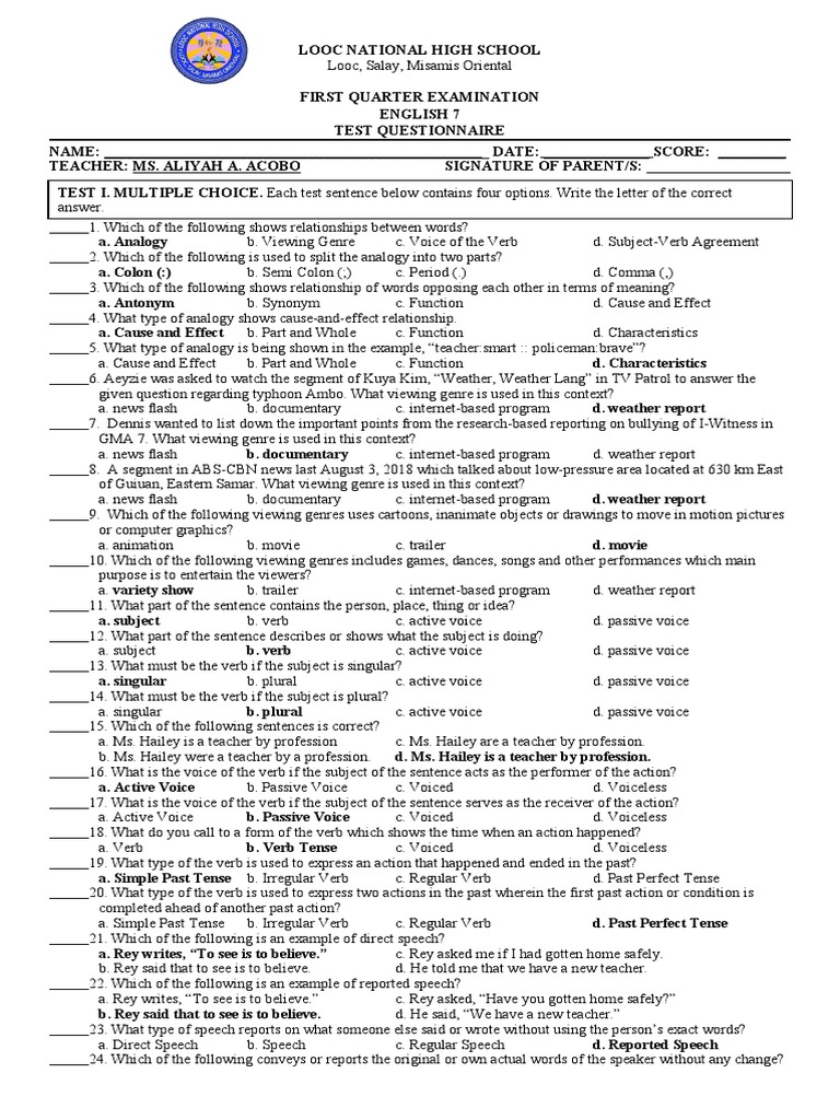 Tq in English 7-First Quarter 2022-2023 | PDF | Clause | Verb