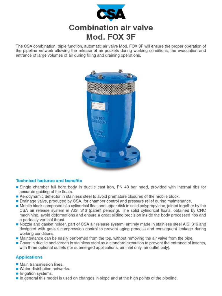FOX 3F Water Combination Air Valve 11.2021 | PDF | Valve | Pipe (Fluid ...
