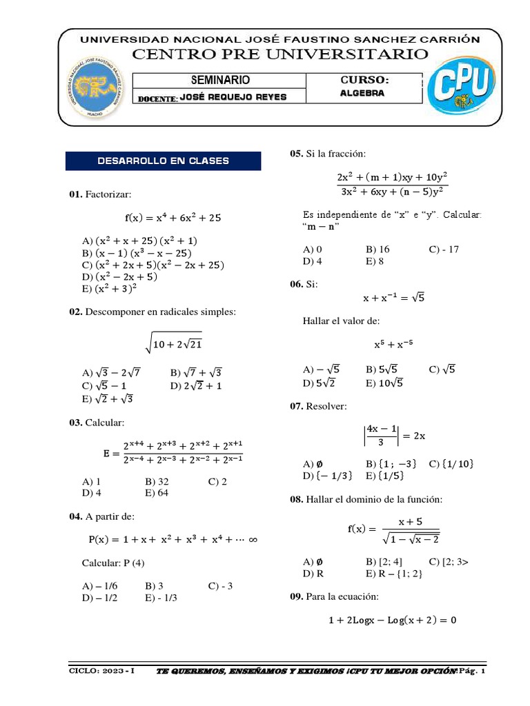 Cpu Unjfsc - Verano 2023 - Repaso Final - Algebra-1 | PDF