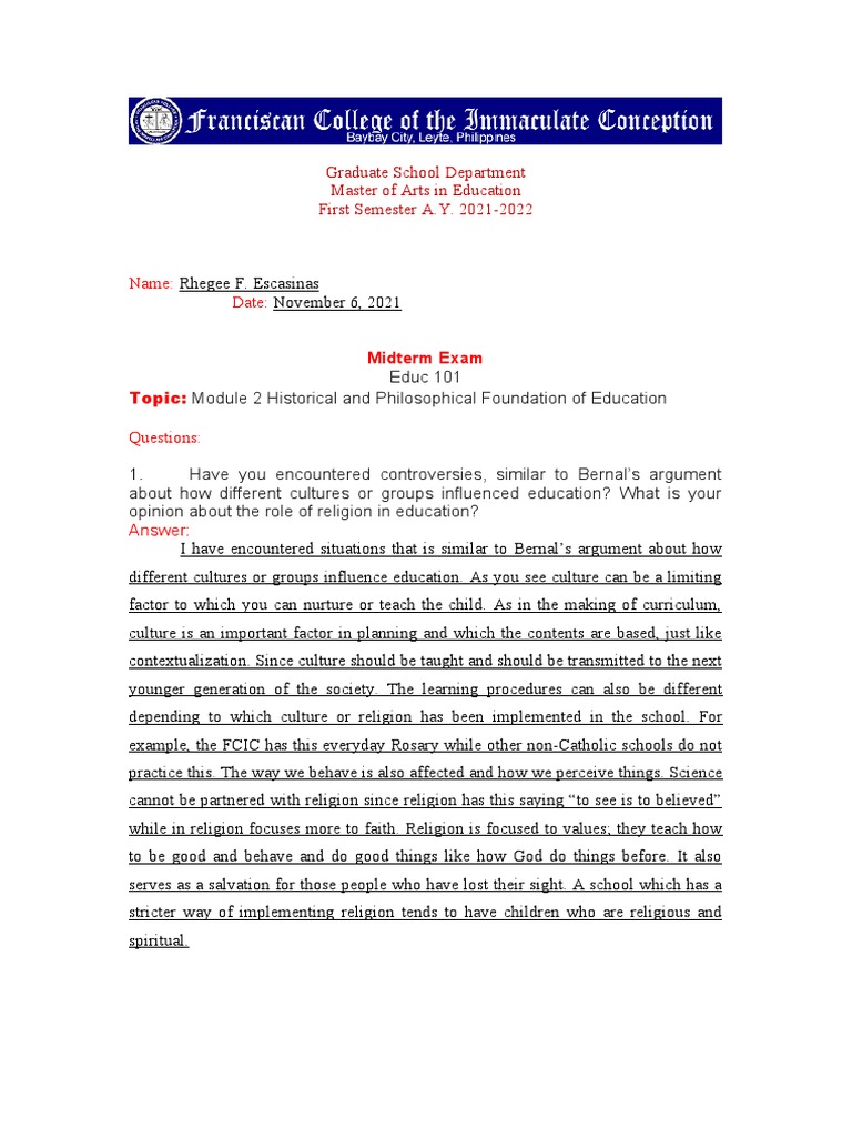 Escasinas Rhegee Educ 101 Midterm Exam 2021 | PDF | Curriculum | Teachers Escasinas Rhegee Educ 101 Midterm Exam 2021 | PDF | Curriculum | Teachers