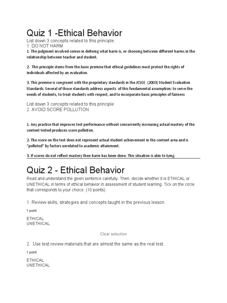 Quiz 1 ETHICAL BEHAVIOR | PDF | Evaluation | Educational Assessment