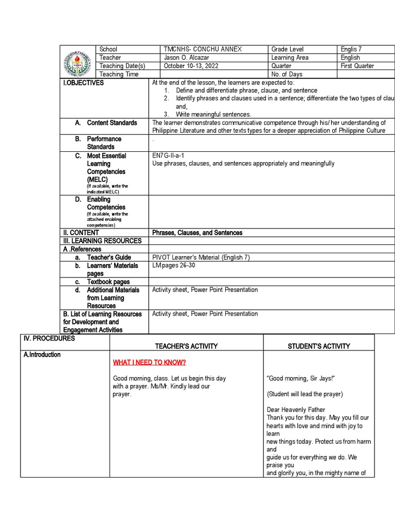 IDEA-Lesson-Plan-Grade-7-English-Phrases-Clauses-Sentences (2) | PDF