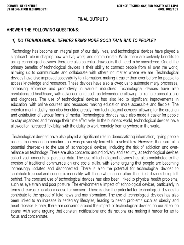 (STS Final Output 3) Coronel, Kent Kenji B. | PDF | Risk | Autonomy