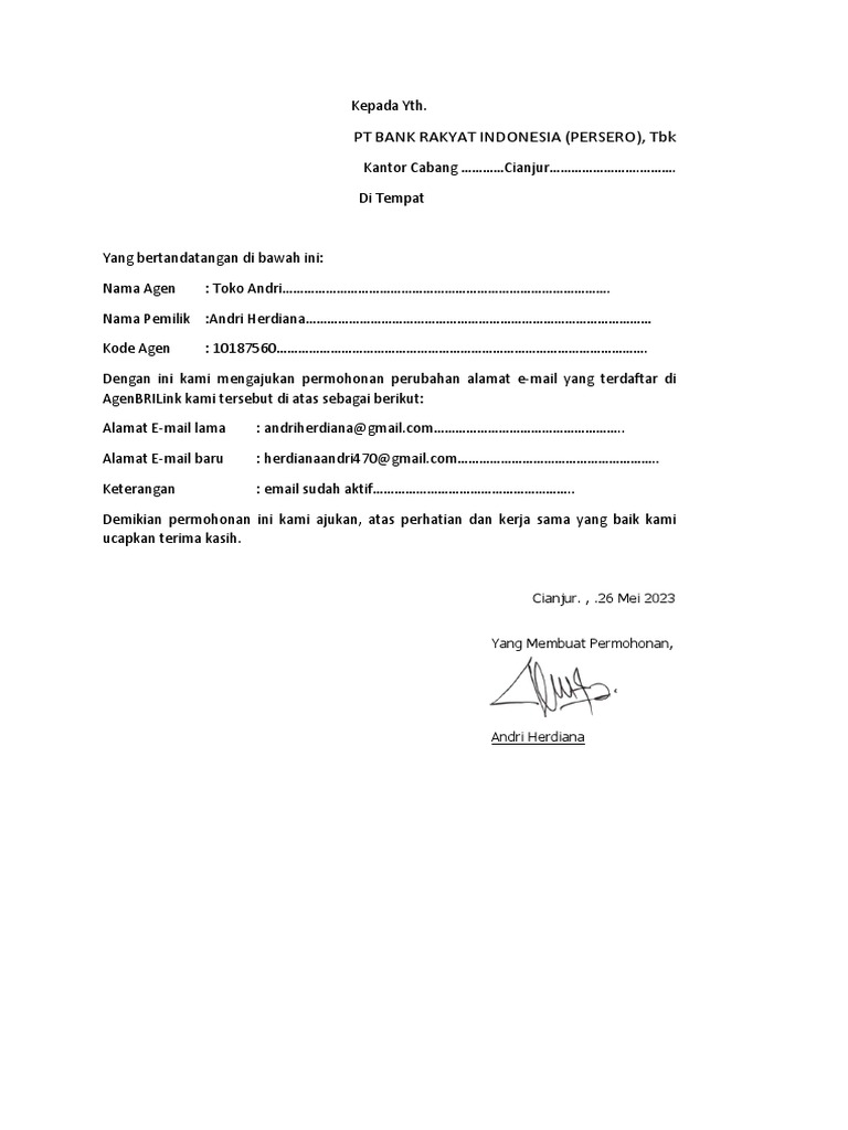 Surat Permohonan Alamat Email Agen | PDF