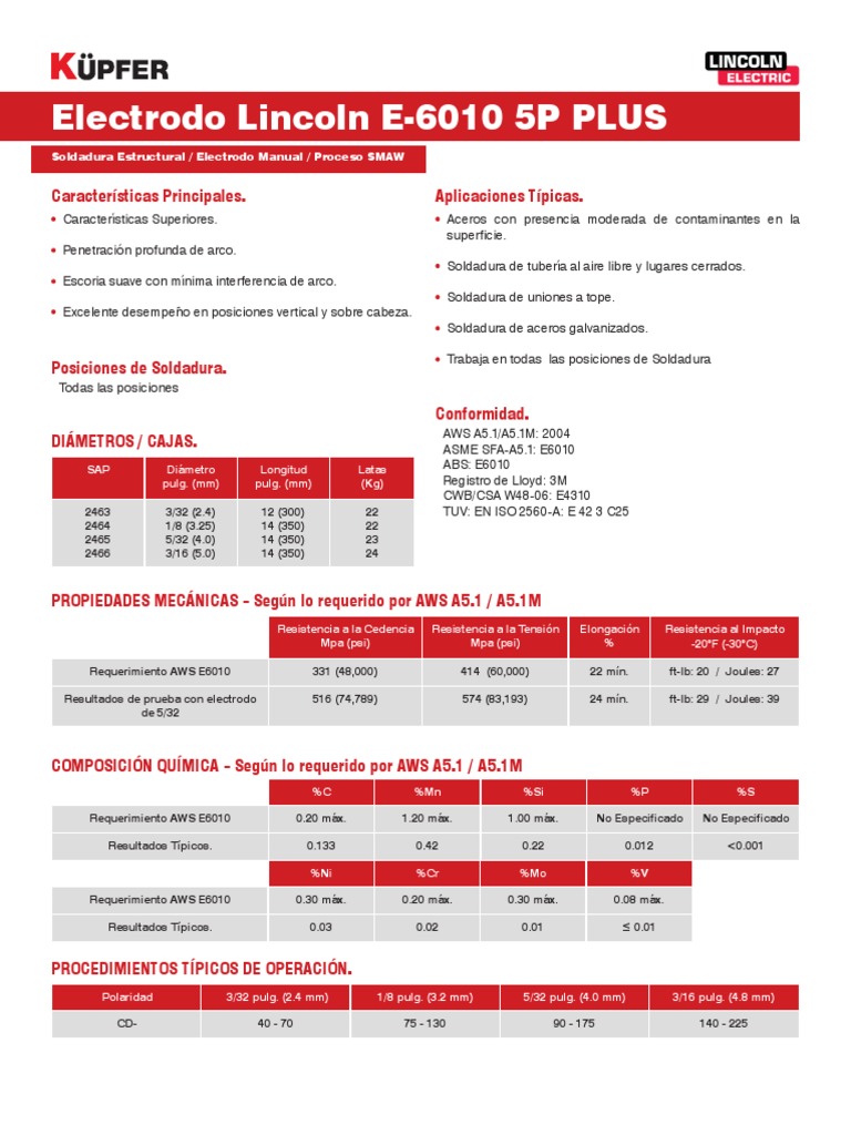 Electrodo Lincoln E 6010 5P PLUS | PDF | Soldadura | Construcción
