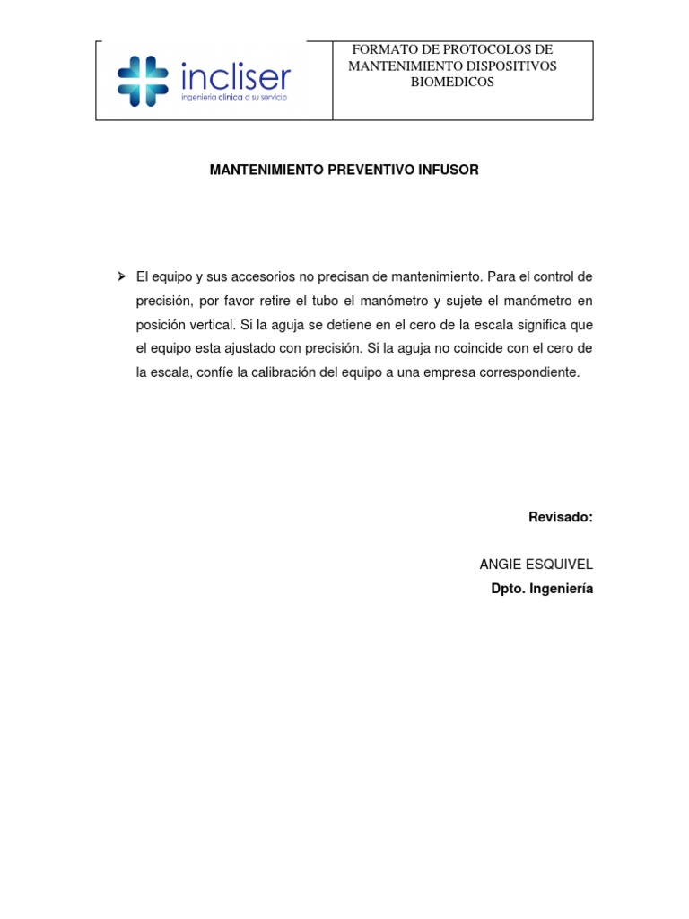 Protocolo Mantenimiento Infusor Biomédico | PDF