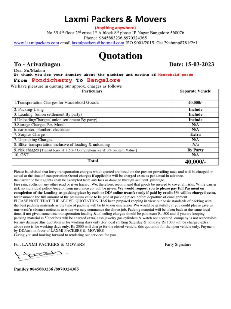 Laxmi Packers & Movers Quotation Details | PDF | Insurance | Service ...