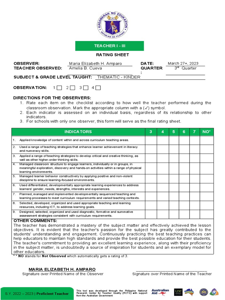 Teacher Observation Rating Sheet 2023 | PDF