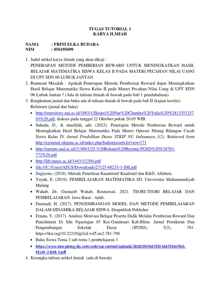 TUGAS Tutorial 1 Karya Ilmiah Frini Elka Budara 856195699 | PDF