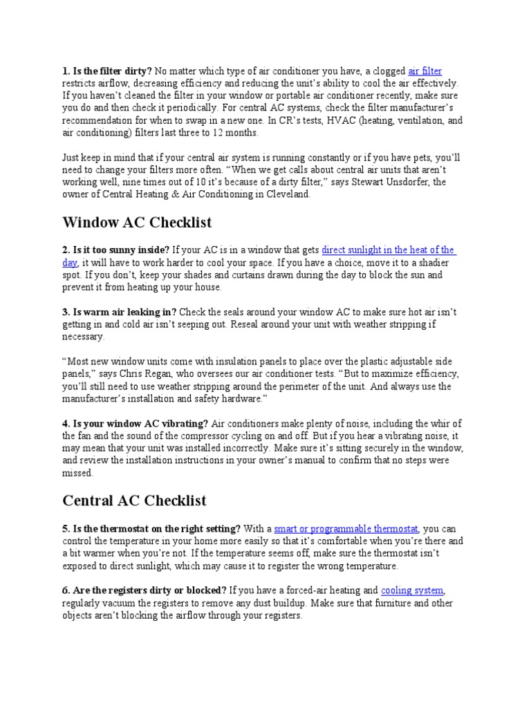 Window AC Checklist: Air Filter | PDF | Air Conditioning | Thermostat