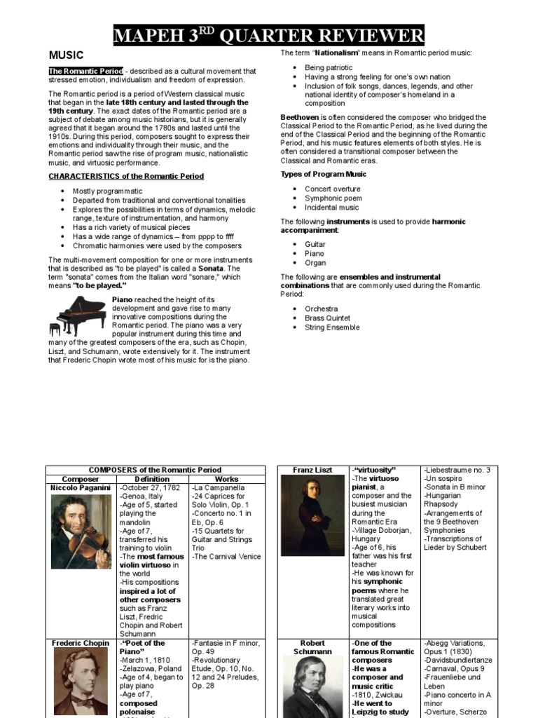 MAPEH 3rd QUARTER REVIEWER | PDF | Romantic Music | Classical Period ...