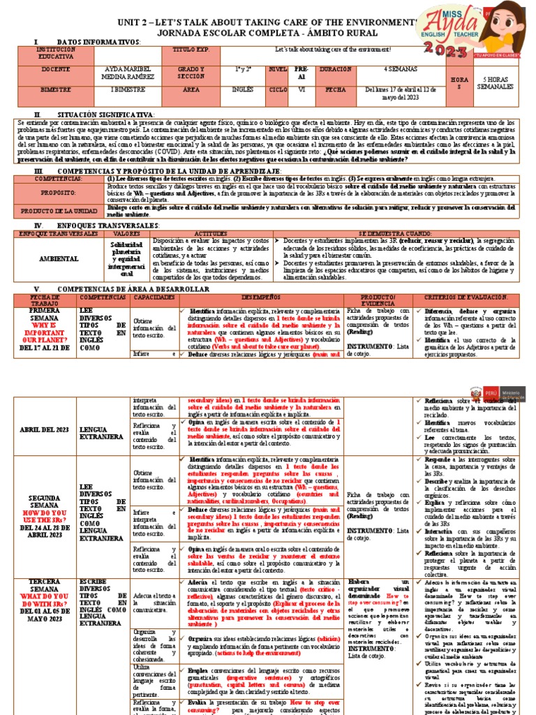 Unidad de Aprendizaje 2 - Prea1 - Jec Rural - Let's Talk About Taking Care of The Environment ...