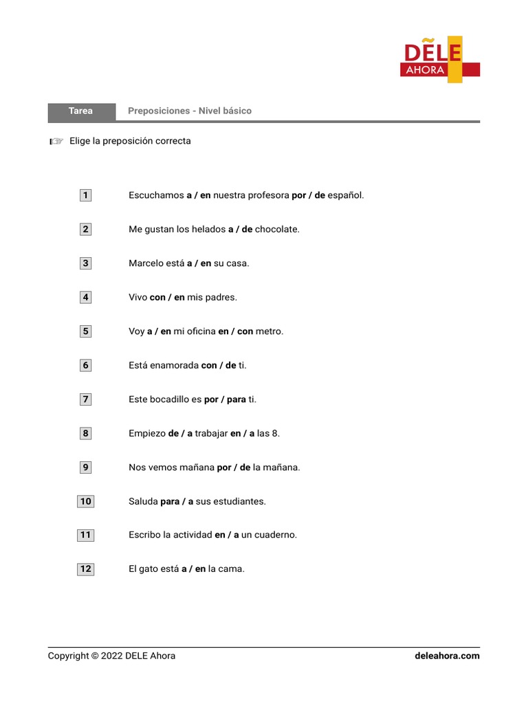 Dele A1 Preposiciones - Nivel Básico - Actividad de Gramática | PDF