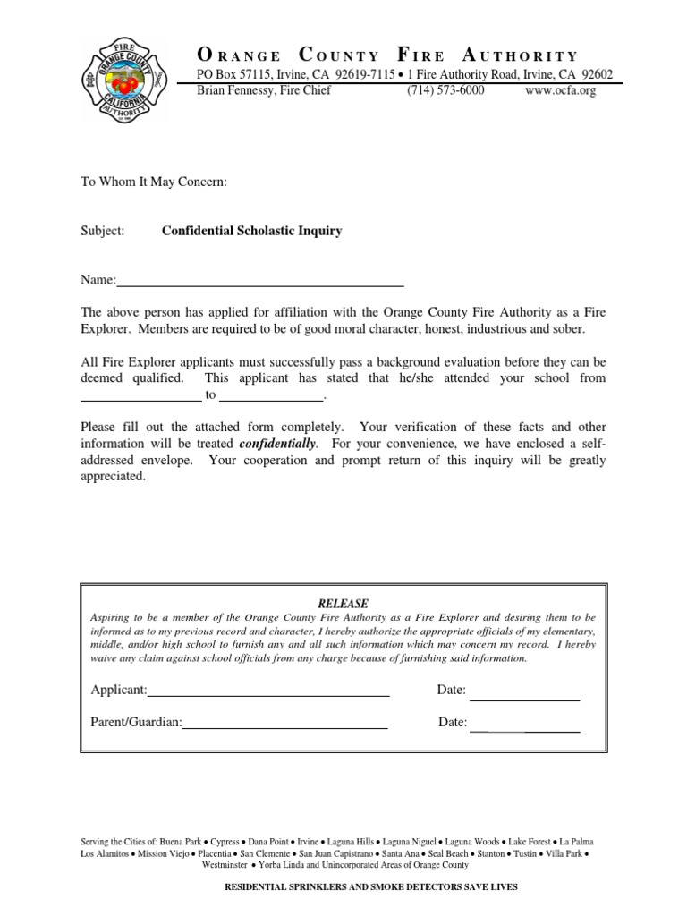 OCFA Explorer Program Scholastic Form | PDF