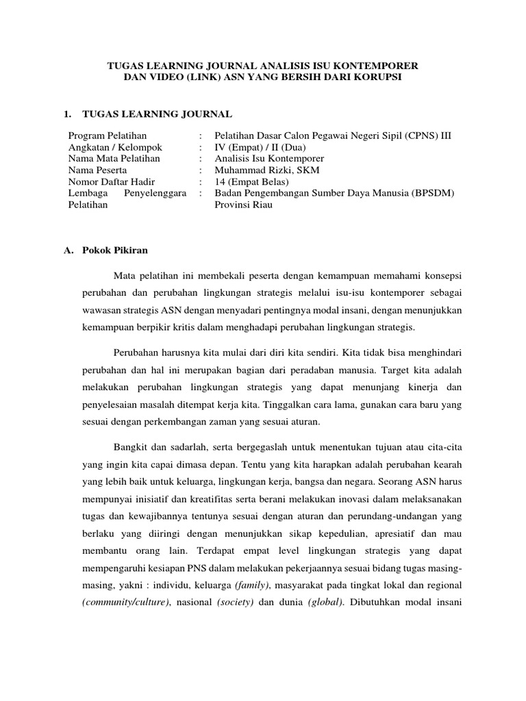 Tugas Learning Journal Analisis Isu Kontemporer Dan Video Asn Bersih Dari Korupsi - Muhammad ...