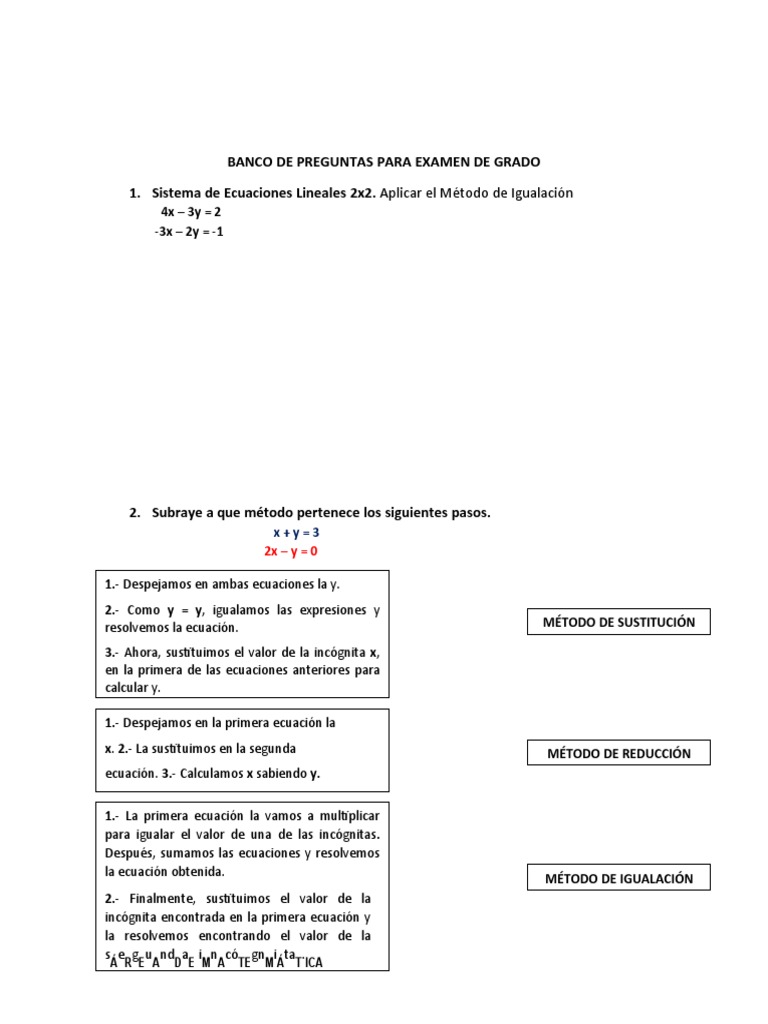 Banco de Preguntas Matematica 3ero-Bgu | PDF | Sistema de ecuaciones lineales | Ecuaciones