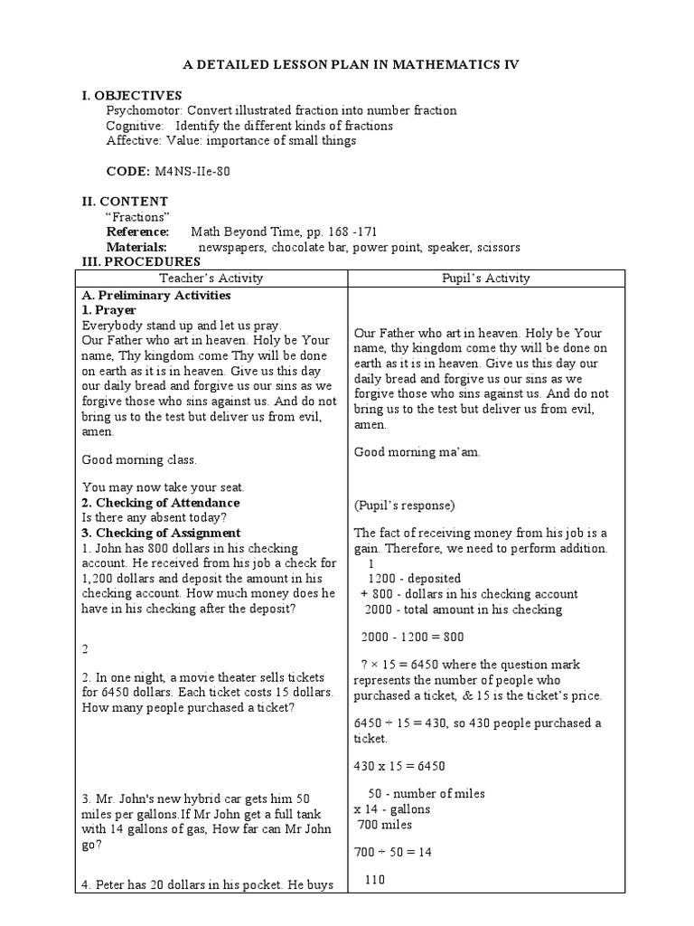 Detailed Lesson Plan Fractions | PDF | Language Arts & Discipline ...