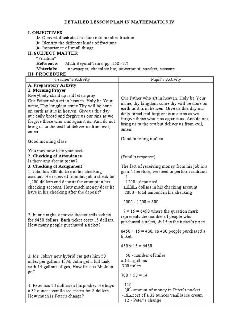 Detailed Lesson Plan in Mathematics Iv | PDF | Mathematics | Arithmetic