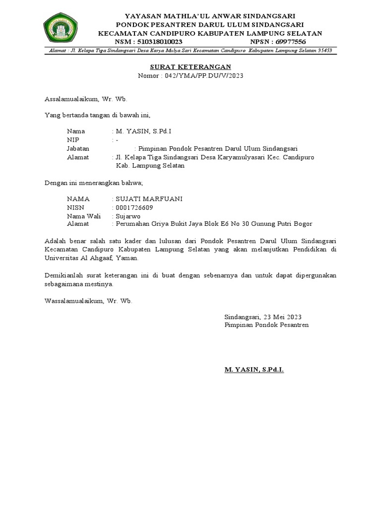 Surat Keterangan Lulusan Pesantren | PDF