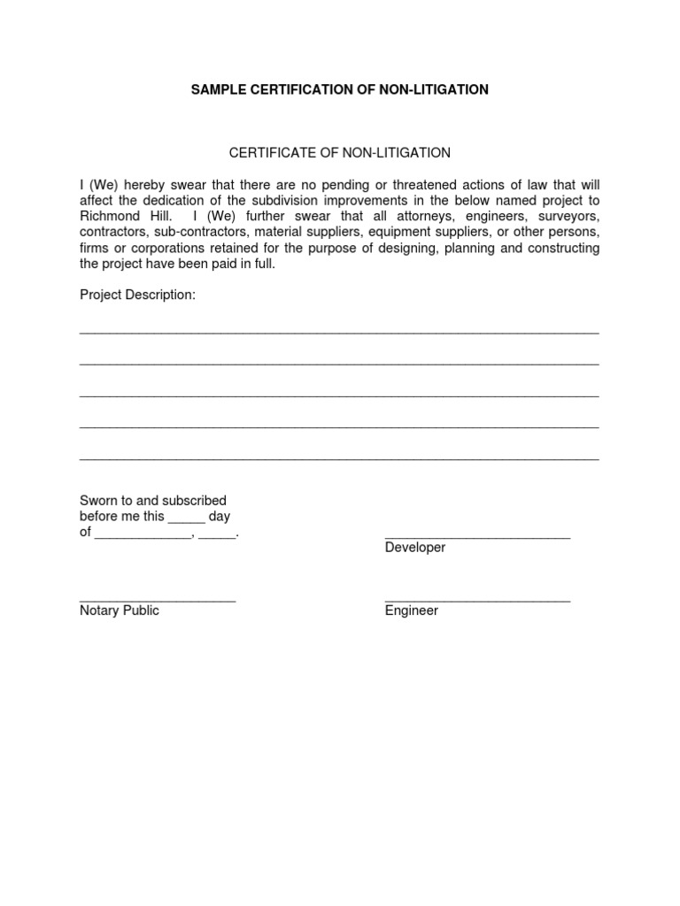Sample Certification of Non Litigation | PDF | Business | Finance ...