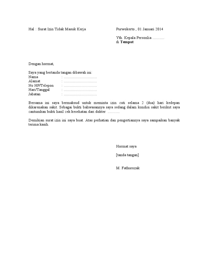 Contoh Surat Izin Tidak Masuk Kerja | PDF