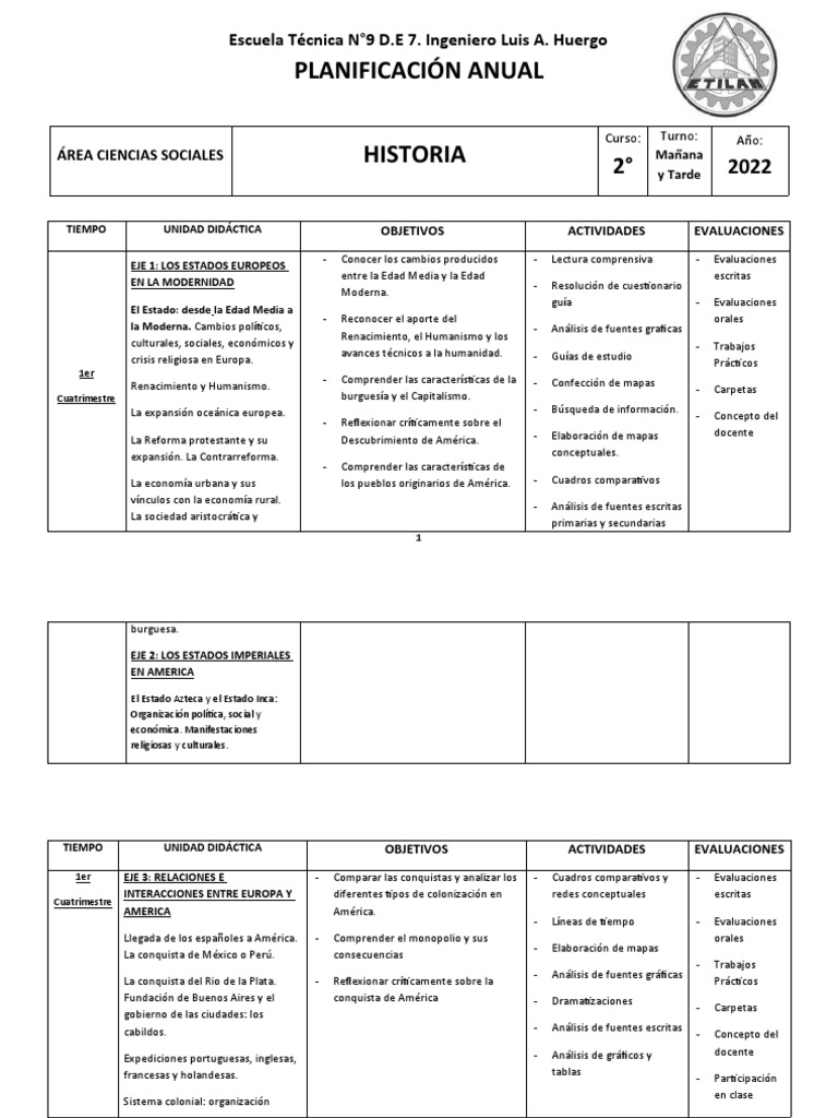 PLANIFICACION ANUAL Historia Segundo Año 2022 | PDF