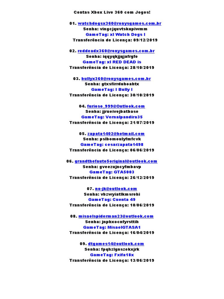 2020 Lista de Perfils Contas Xbox Live Compartilhadas | PDF | Videogames | Franquias de videogames