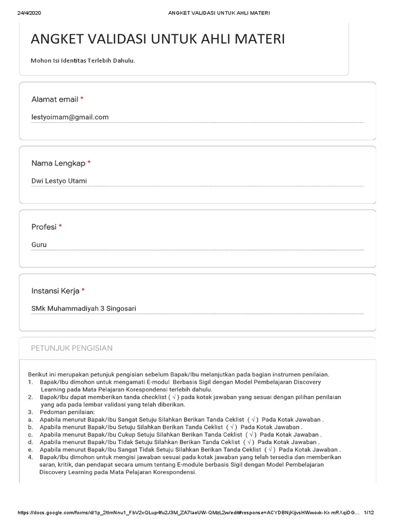 Angket Validasi Untuk Ahli Materi - Google Formulir | PDF