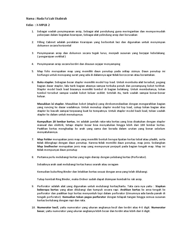 Jawaban Remed Kearsipan-Nada Fa'izah X-MPLB 2 | PDF