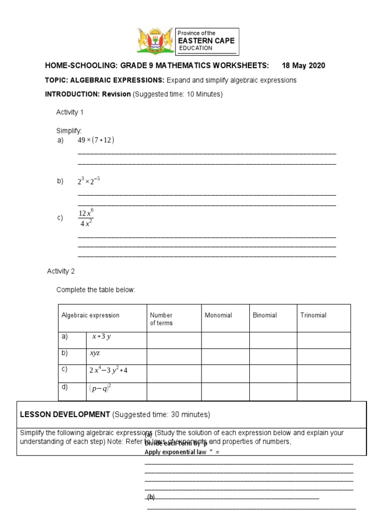 Mathematics - Grade 9 Worksheet - Algebraic Expressions | PDF ...