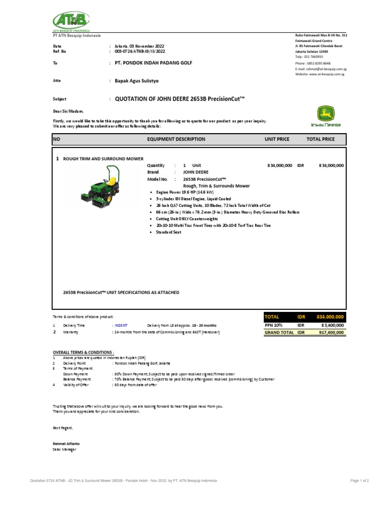 Penawaran PT Atn Besquip (John Deere 2653b) | PDF | Indonesian Rupiah | Automotive Industry