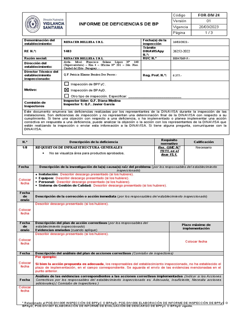 FOR-DIV-24 Vers. 01 Informe de Deficiencias de BP Renacer Belleza Vig. 20.03.2023 | PDF ...