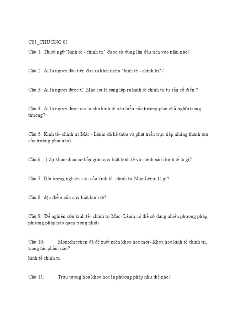 CÂU HỎI ÔN TẬP KTCT ML - 300 CÂU | PDF