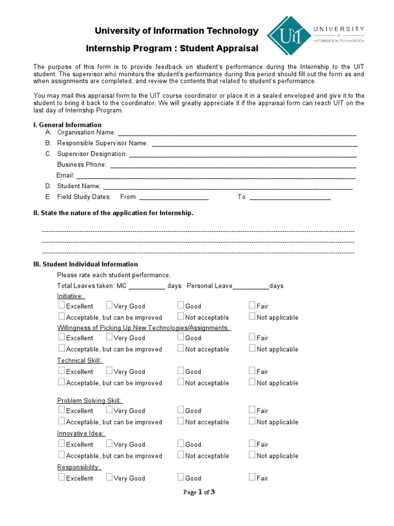Internship Student Appraisal Form | PDF