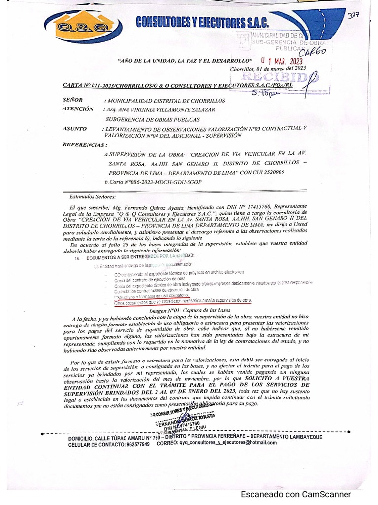 Carta 2023-13.1 Levantamiento de Obs. Valo N°05 Contrac. y Valo N°04 Adic. (SUPERV) | PDF