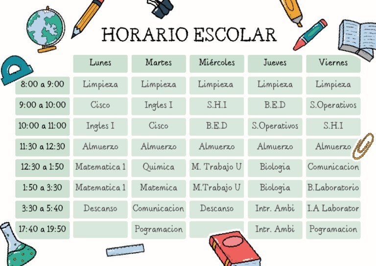 Horario Escolar Documento A4 Horizontal Pegatinas Colegio Juvenil Verde ...