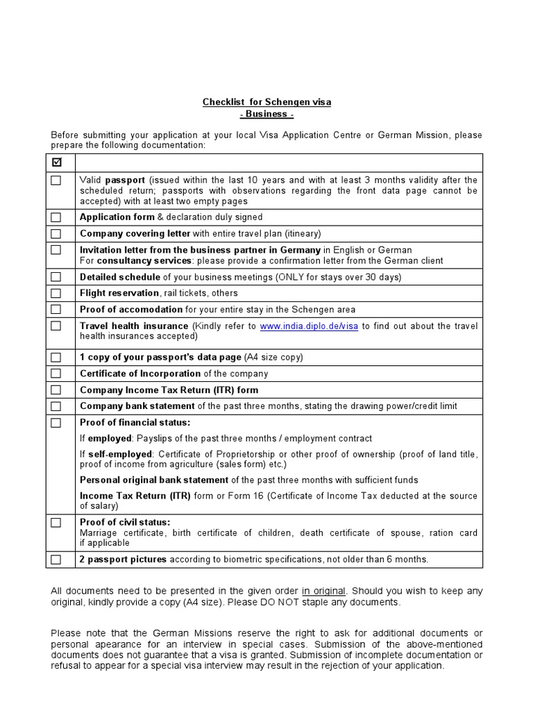 Schengen Visa Checklist - VFS | PDF
