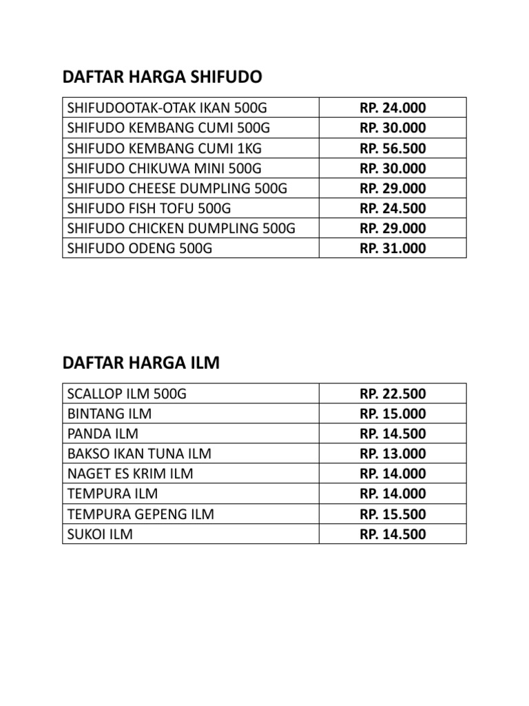 Daftar Harga Shifudo | PDF