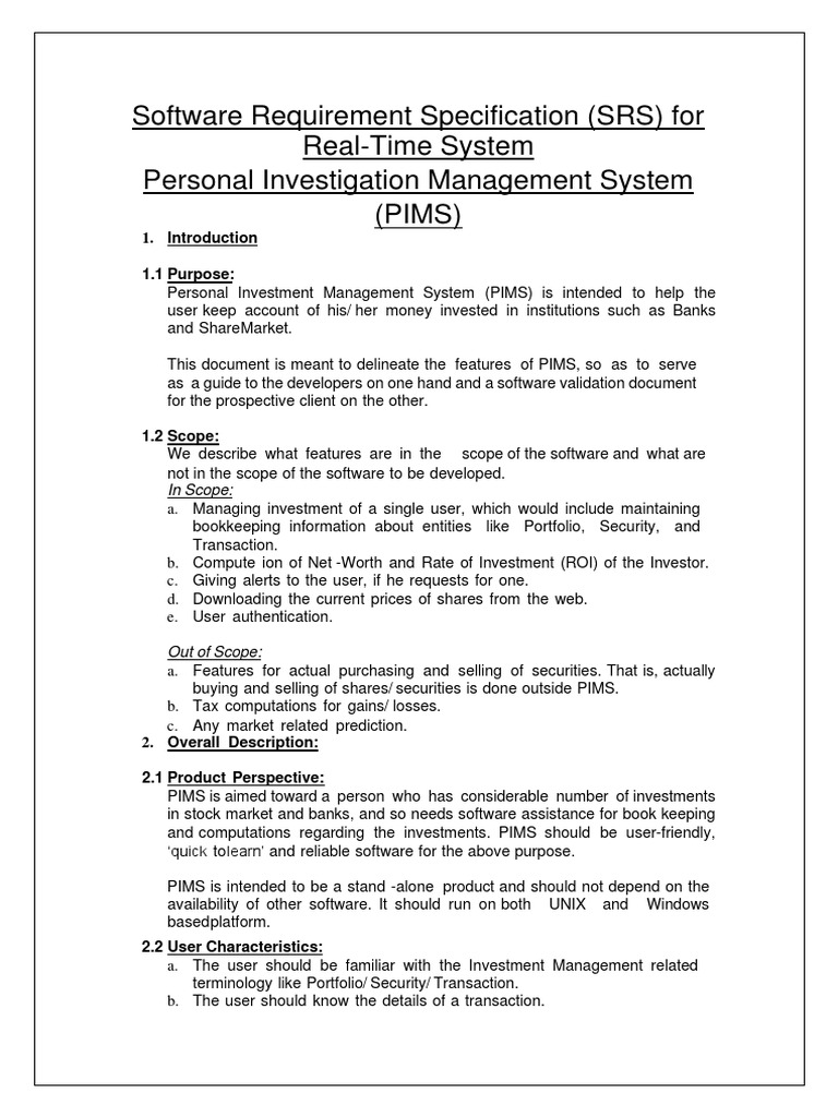 SRS for Personal Investment Management System | PDF
