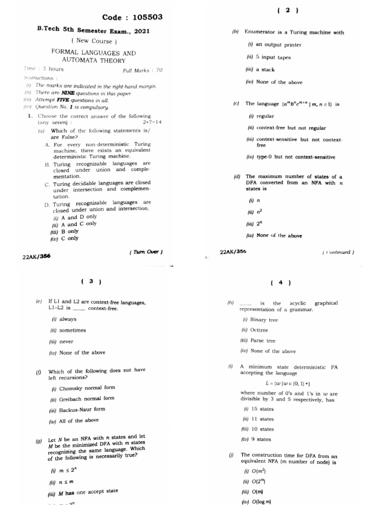 Btech 5 Sem Formal Languages and Automata Theory 105503 2021 | PDF Btech 5 Sem Formal Languages and Automata Theory 105503 2021 | PDF