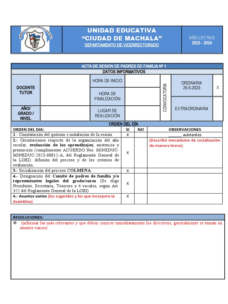 Formato Resolucion Reunión de PPFF | PDF