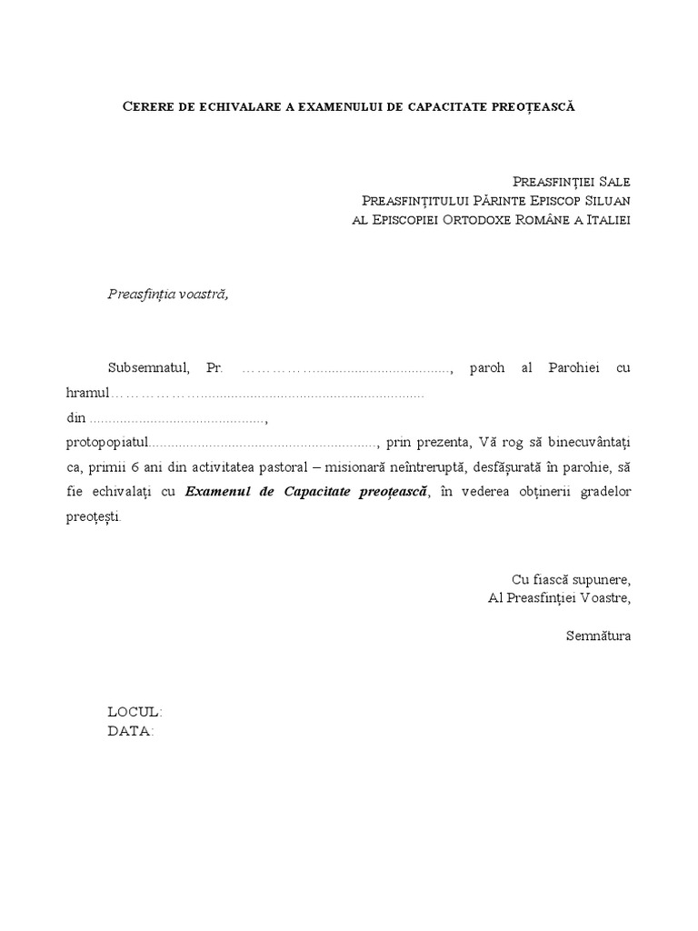Model - Cerere de Echivalare A Examenului de Capacitate Preoteasca | PDF
