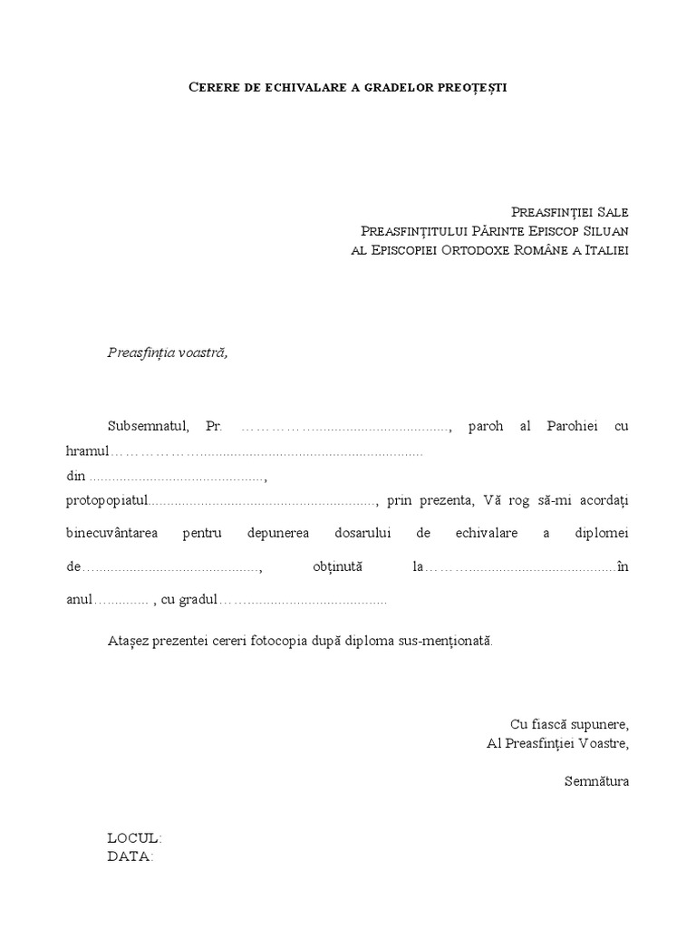 Model - Cerere de Echivalare Grade Preotesti | PDF
