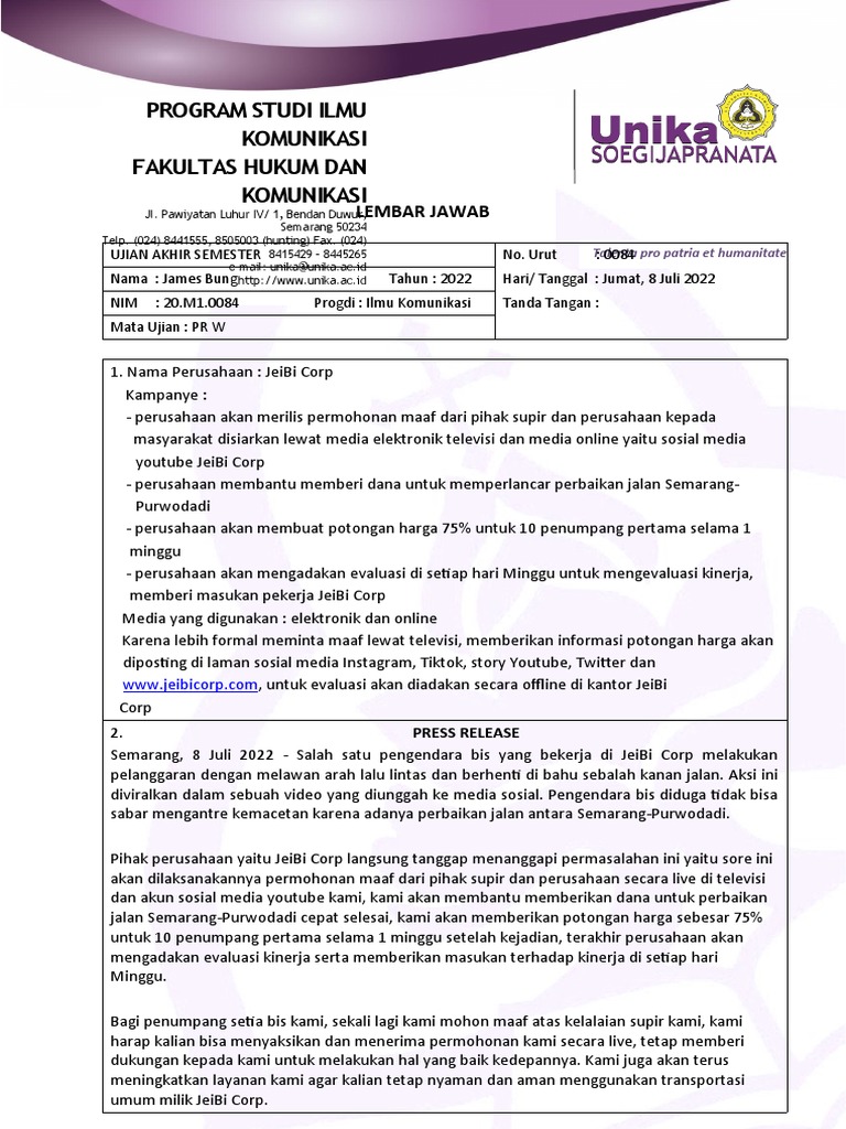 PR Writing 20.M1.0084 James Bung | PDF