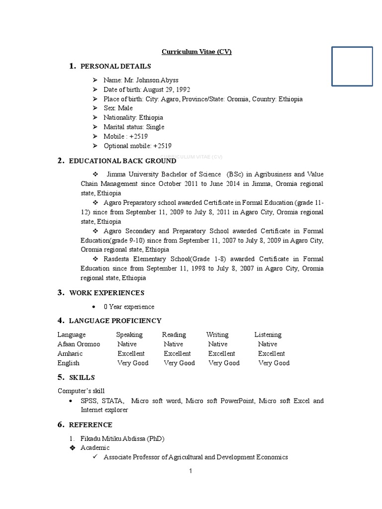 CV Format for Fresh Graduates in Ethiopia | PDF