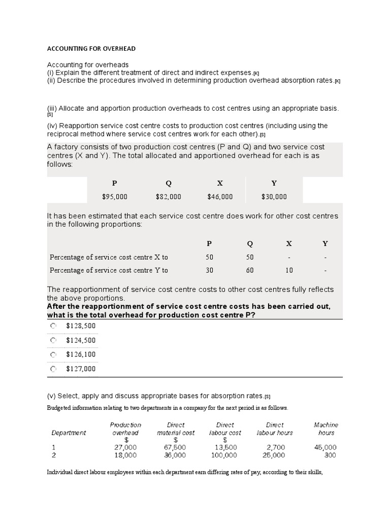 Overhead Accounting and Reapportionment | PDF | Cost | Cost Of Goods Sold