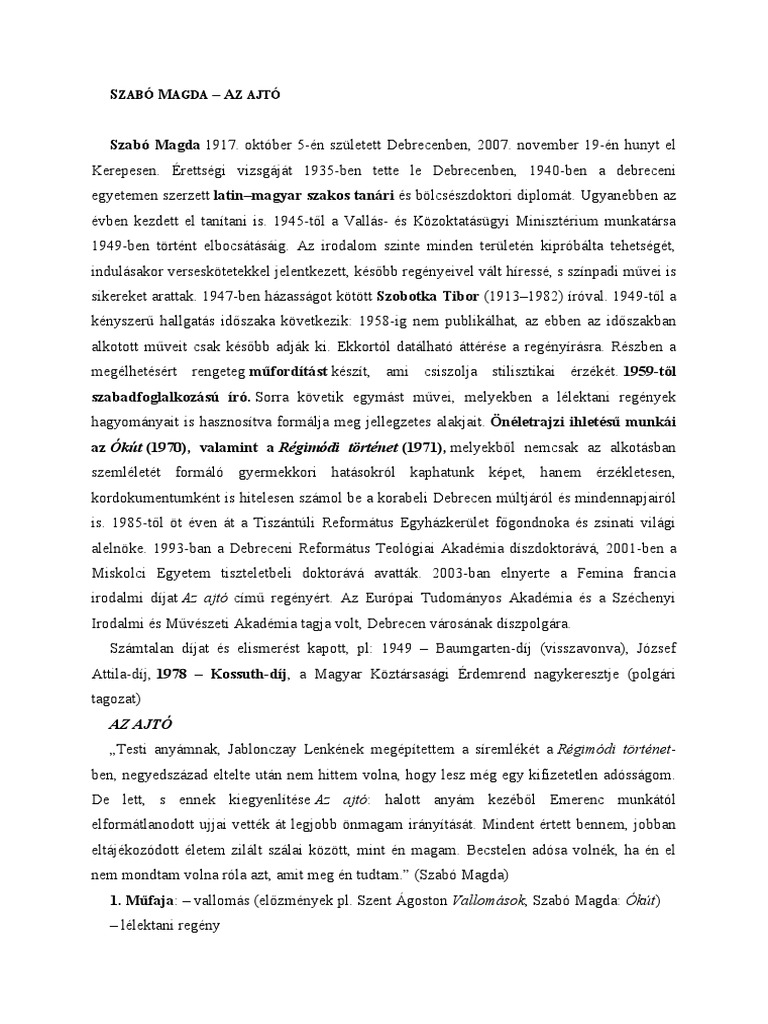 Szabó Magda_Az ajtó_Emelt tétel | PDF